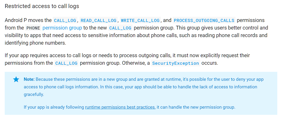 New permission group in Android P makes it clear when apps want to read call log or phone number