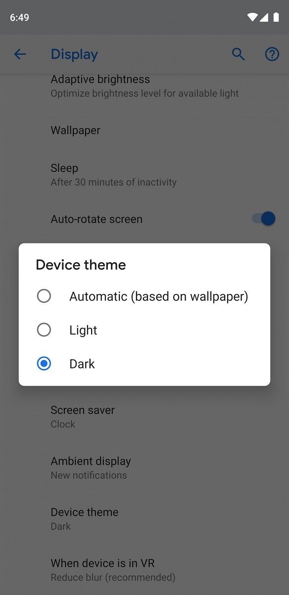 Google Pixel 3 has an Automatic Dark Theme feature based on time of day