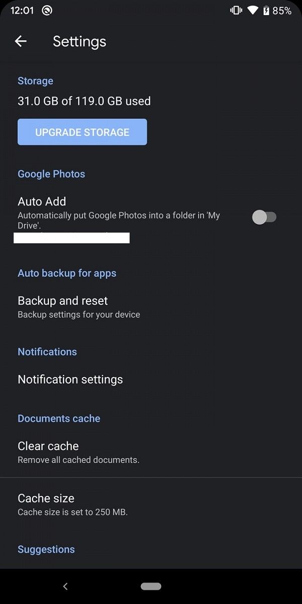 Google Drive 2.19.112 has a dark theme that works with Android Q