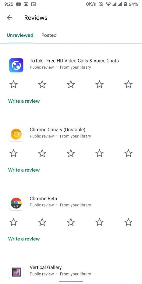 Play Store tests showing a new section with all your app reviews