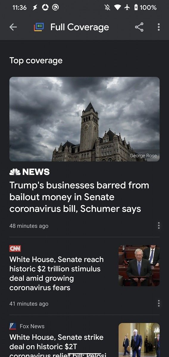 Google News 5.20 tests letting you share "full coverage" links to news