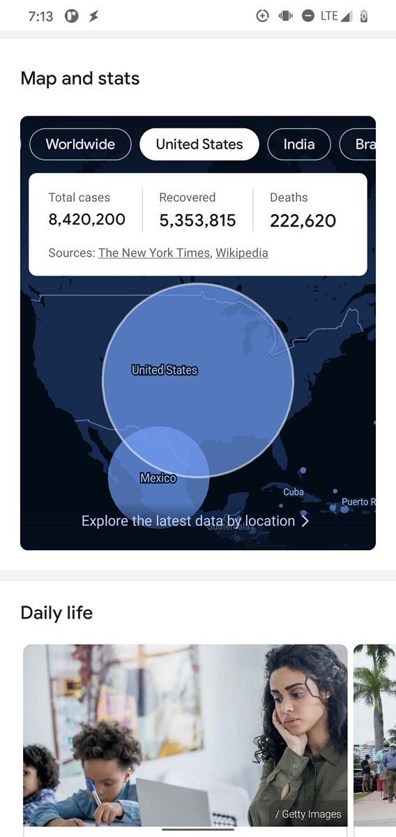 How to view a map of COVID-19 cases in Google News on Android