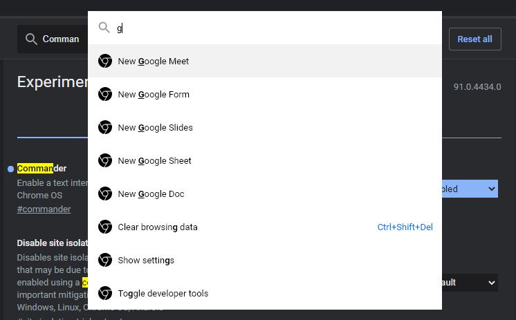 Chrome Commander will surface common commands as you type