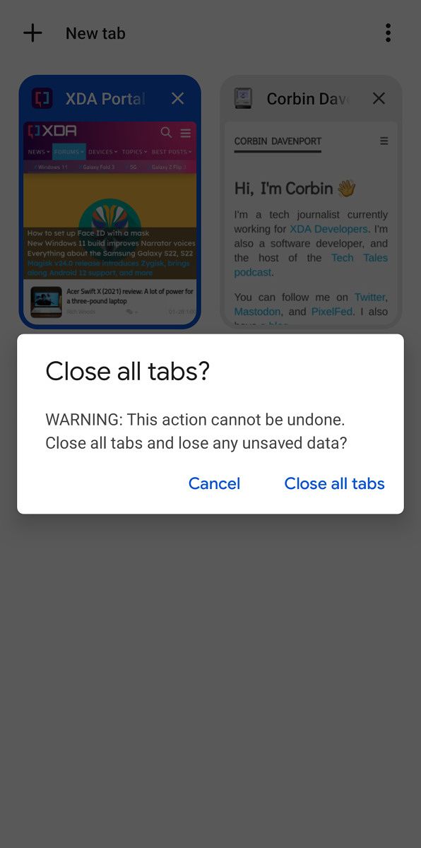 Google Chrome tests warning for closing all tabs on Android